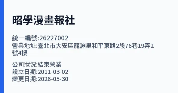 昭學漫畫報社的照片-統編 26227002(臺北市) 公司登記資料與營業項目詳細圖表