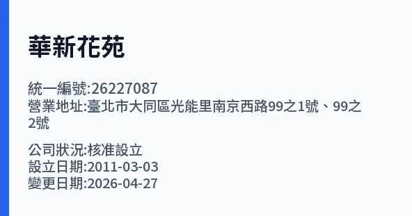 華新花苑的照片-統編 26227087(臺北市) 公司登記資料與營業項目詳細圖表