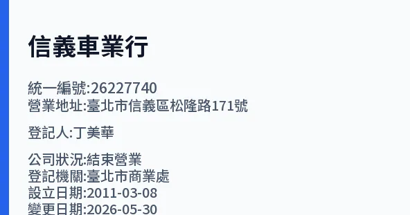 信義車業行的照片-統編 26227740(臺北市) 公司登記資料與營業項目詳細圖表