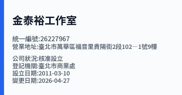 金泰裕工作室的照片-統編 26227967(臺北市) 公司登記資料與營業項目詳細圖表