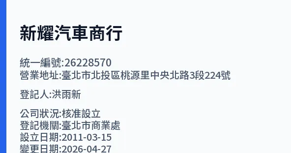 新耀汽車商行的照片-統編 26228570(臺北市) 公司登記資料與營業項目詳細圖表