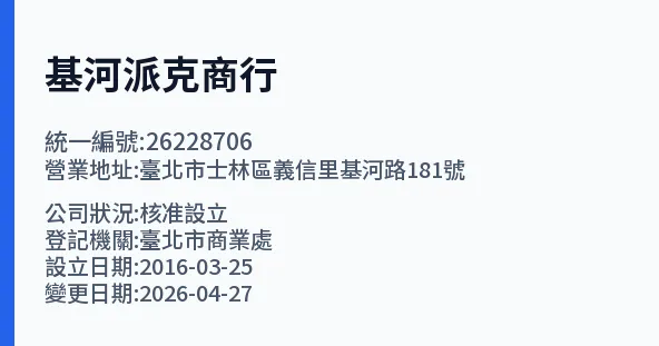 基河派克商行的照片-統編 26228706(臺北市) 公司登記資料與營業項目詳細圖表