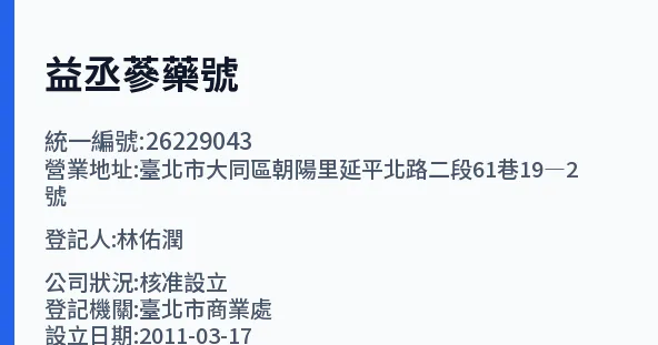 益丞蔘藥號的照片-統編 26229043(臺北市) 公司登記資料與營業項目詳細圖表
