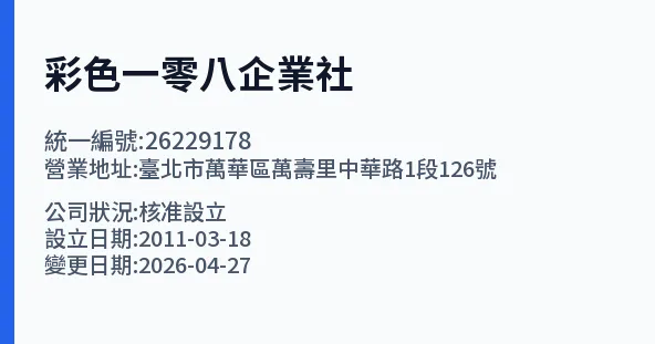 彩色一零八企業社的照片-統編 26229178(臺北市) 公司登記資料與營業項目詳細圖表
