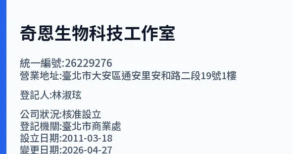 奇恩生物科技工作室的照片-統編 26229276(臺北市) 公司登記資料與營業項目詳細圖表