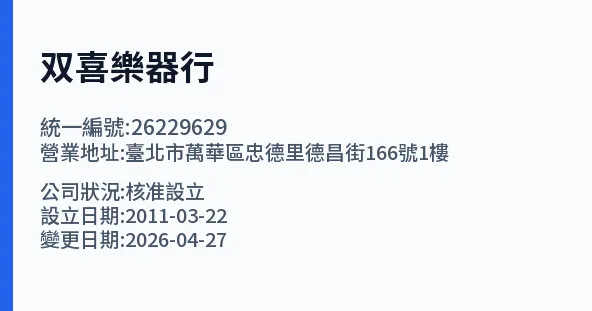 双喜樂器行的照片-統編 26229629(臺北市) 公司登記資料與營業項目詳細圖表