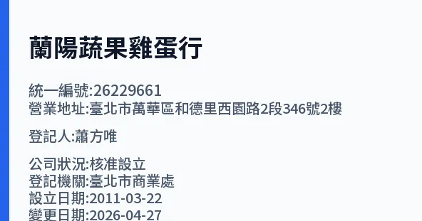 蘭陽蔬果雞蛋行的照片-統編 26229661(臺北市) 公司登記資料與營業項目詳細圖表