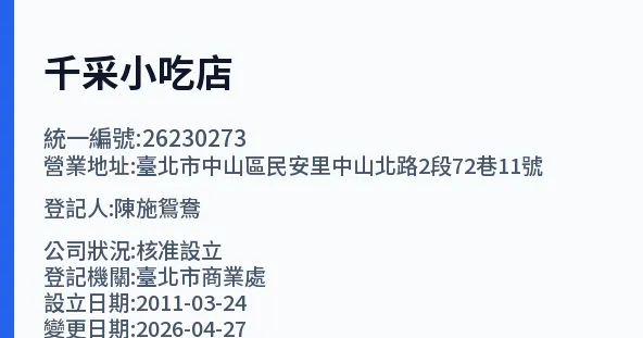 千采小吃店的照片-統編 26230273(臺北市) 公司登記資料與營業項目詳細圖表