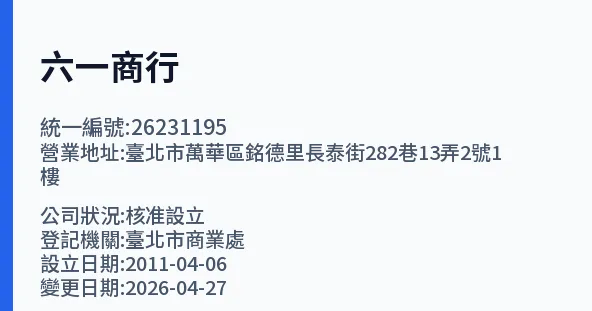 六一商行的照片-統編 26231195(臺北市) 公司登記資料與營業項目詳細圖表
