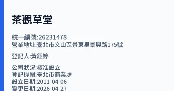 茶觀草堂的照片-統編 26231478(臺北市) 公司登記資料與營業項目詳細圖表
