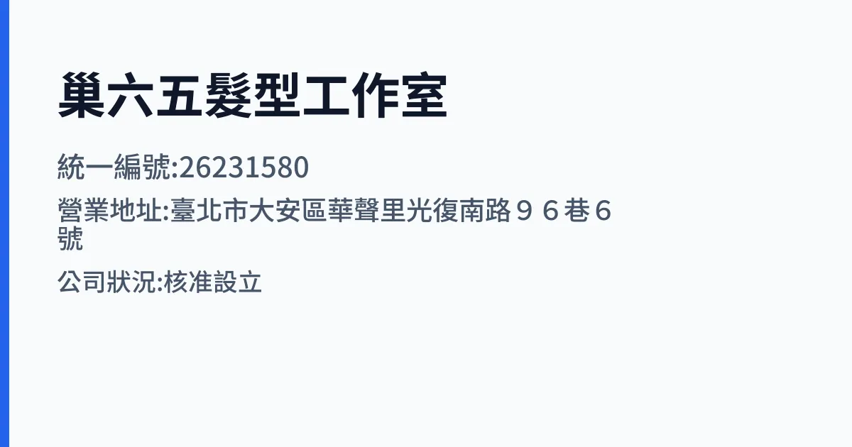 巢六五髮型工作室 - 統編 26231580(臺北市) 公司登記資料與營業項目詳細圖表