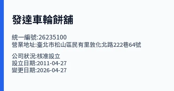 發達車輪餅舖的照片-統編 26235100(臺北市) 公司登記資料與營業項目詳細圖表
