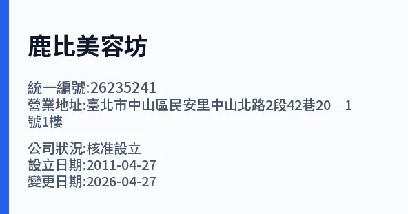 鹿比美容坊的照片-統編 26235241(臺北市) 公司登記資料與營業項目詳細圖表