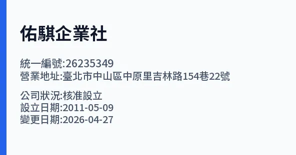 佑騏企業社的照片-統編 26235349(臺北市) 公司登記資料與營業項目詳細圖表