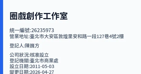 圈戲創作工作室的照片-統編 26235973(臺北市) 公司登記資料與營業項目詳細圖表