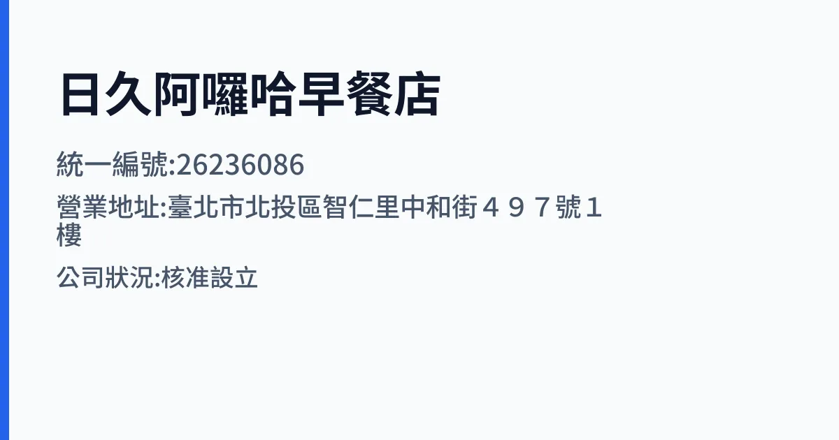 日久阿囉哈早餐店 - 統編 26236086(臺北市) 公司登記資料與營業項目詳細圖表