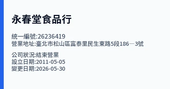 永春堂食品行的照片-統編 26236419(臺北市) 公司登記資料與營業項目詳細圖表