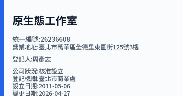 原生態工作室的照片-統編 26236608(臺北市) 公司登記資料與營業項目詳細圖表