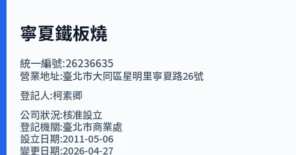 寧夏鐵板燒的照片-統編 26236635(臺北市) 公司登記資料與營業項目詳細圖表