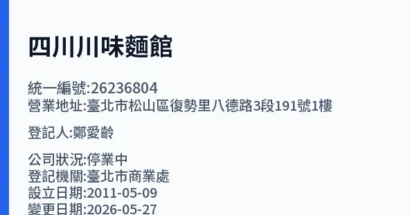 四川川味麵館的照片-統編 26236804(臺北市) 公司登記資料與營業項目詳細圖表