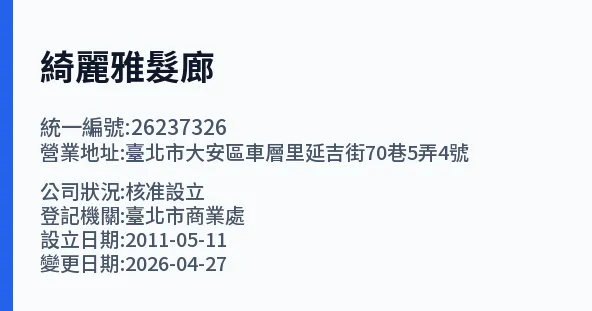 綺麗雅髮廊的照片-統編 26237326(臺北市) 公司登記資料與營業項目詳細圖表