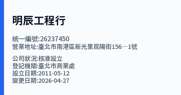 明辰工程行的照片-統編 26237450(臺北市) 公司登記資料與營業項目詳細圖表