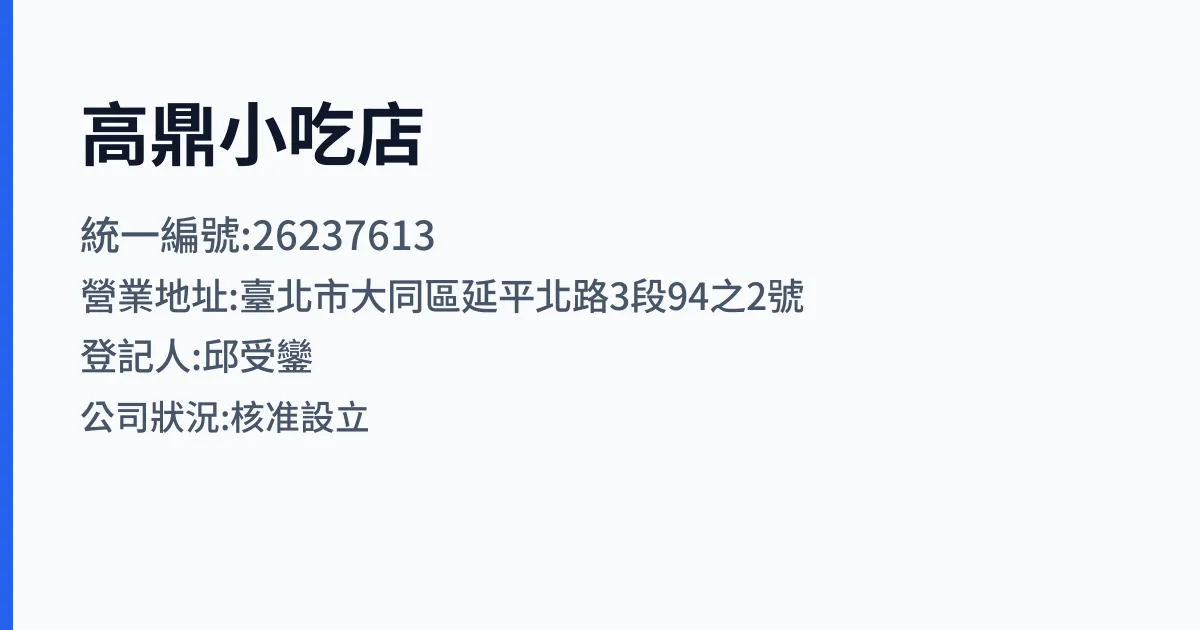 高鼎小吃店 - 統編 26237613(臺北市) 公司登記資料與營業項目詳細圖表
