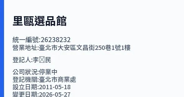 里甌選品館的照片-統編 26238232(臺北市) 公司登記資料與營業項目詳細圖表