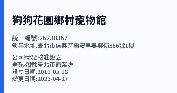 狗狗花園鄉村寵物館的照片-統編 26238367(臺北市) 公司登記資料與營業項目詳細圖表
