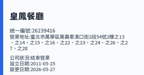 皇鳳餐廳的照片-統編 26239416(臺北市) 公司登記資料與營業項目詳細圖表