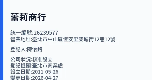 蕾莉商行的照片-統編 26239577(臺北市) 公司登記資料與營業項目詳細圖表