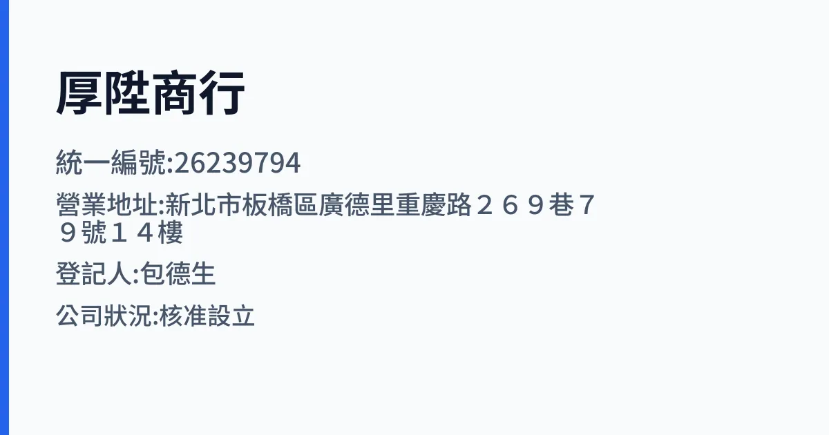 厚陞商行 - 統編 26239794(新北市) 公司登記資料與營業項目詳細圖表