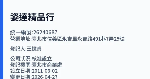 姿達精品行的照片-統編 26240687(臺北市) 公司登記資料與營業項目詳細圖表