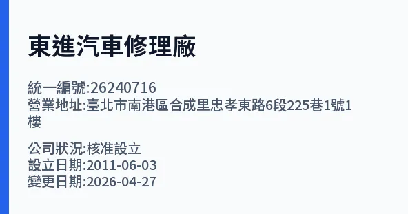 東進汽車修理廠的照片-統編 26240716(臺北市) 公司登記資料與營業項目詳細圖表
