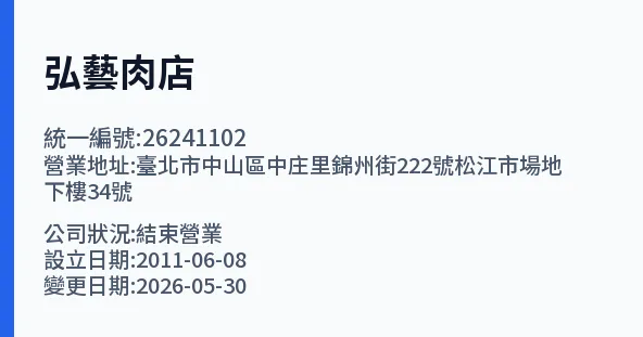 弘藝肉店的照片-統編 26241102(臺北市) 公司登記資料與營業項目詳細圖表