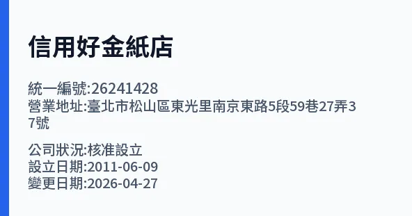 信用好金紙店的照片-統編 26241428(臺北市) 公司登記資料與營業項目詳細圖表