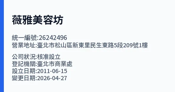 薇雅美容坊的照片-統編 26242496(臺北市) 公司登記資料與營業項目詳細圖表