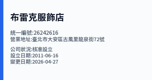 布雷克服飾店的照片-統編 26242616(臺北市) 公司登記資料與營業項目詳細圖表