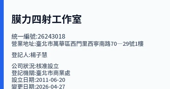 膜力四射工作室的照片-統編 26243018(臺北市) 公司登記資料與營業項目詳細圖表