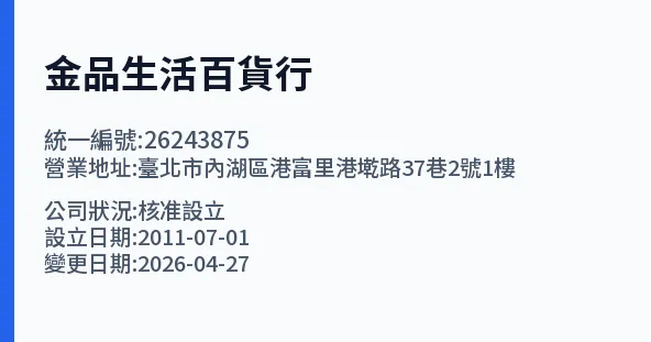 金品生活百貨行的照片-統編 26243875(臺北市) 公司登記資料與營業項目詳細圖表