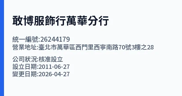 敢博服飾行萬華分行的照片-統編 26244179(臺北市) 公司登記資料與營業項目詳細圖表
