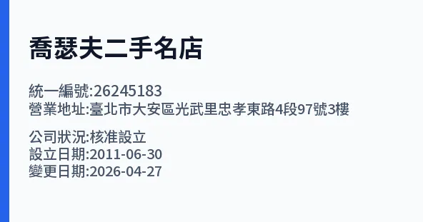 喬瑟夫二手名店的照片-統編 26245183(臺北市) 公司登記資料與營業項目詳細圖表