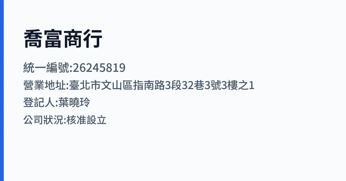 喬富商行 - 統編 26245819(臺北市) 公司登記資料與營業項目詳細圖表