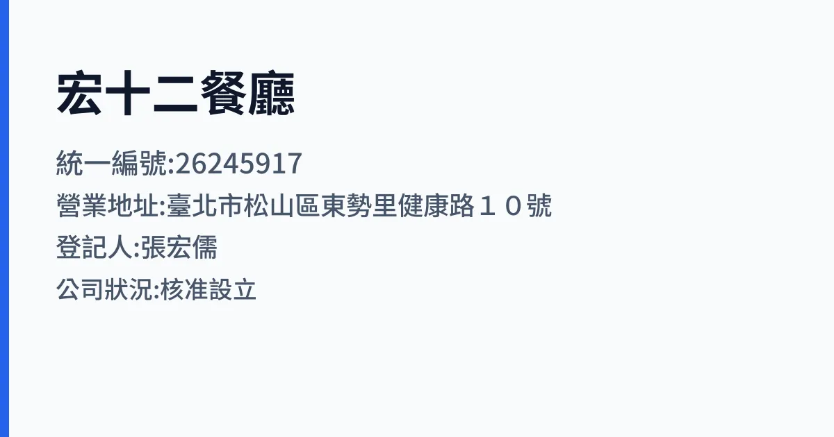 宏十二餐廳 - 統編 26245917(臺北市) 公司登記資料與營業項目詳細圖表