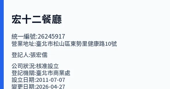 宏十二餐廳的照片-統編 26245917(臺北市) 公司登記資料與營業項目詳細圖表