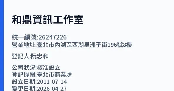 和鼎資訊工作室的照片-統編 26247226(臺北市) 公司登記資料與營業項目詳細圖表