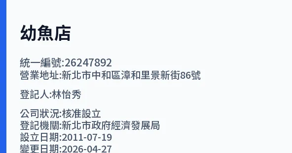 幼魚店的照片-統編 26247892(新北市) 公司登記資料與營業項目詳細圖表