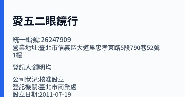 愛五二眼鏡行的照片-統編 26247909(臺北市) 公司登記資料與營業項目詳細圖表