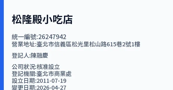 松隆殿小吃店的照片-統編 26247942(臺北市) 公司登記資料與營業項目詳細圖表