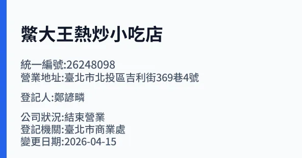 鱉大王熱炒小吃店的照片-統編 26248098(臺北市) 公司登記資料與營業項目詳細圖表